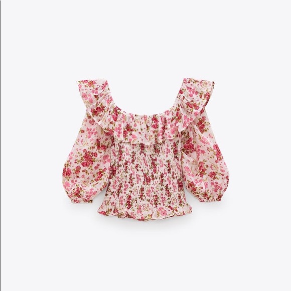 Zara | Tops | Zara Floral Printed Croptop Ruffledsmocked Fabric | Poshmark